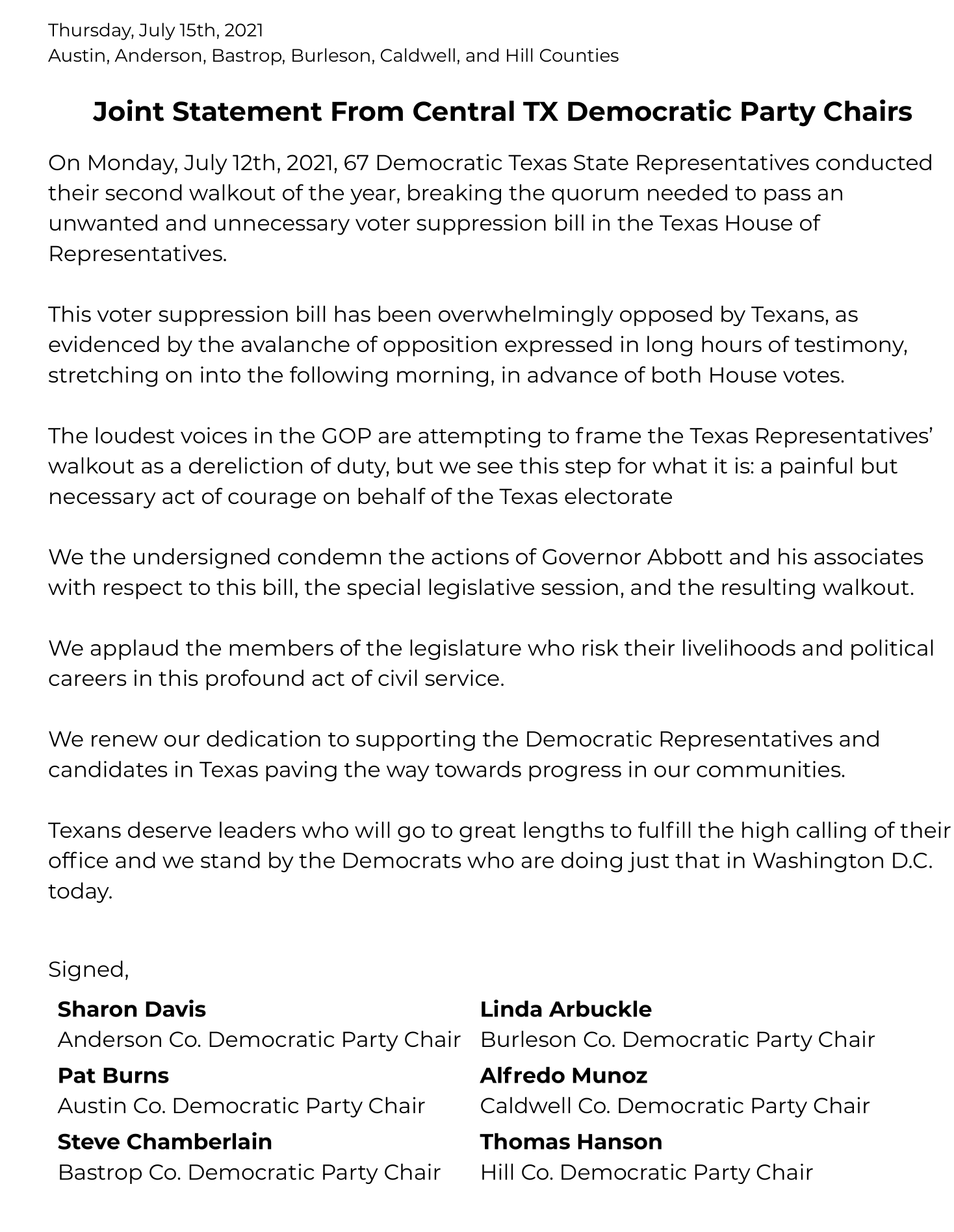 2021-07-16 joint statement – Bastrop County Democratic Party